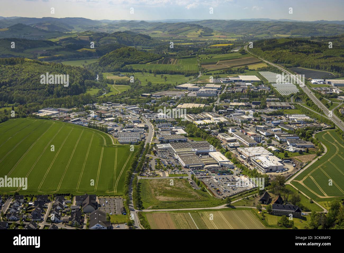 Aerial view, industrial area Enste with citizen solar park photovoltaic ...