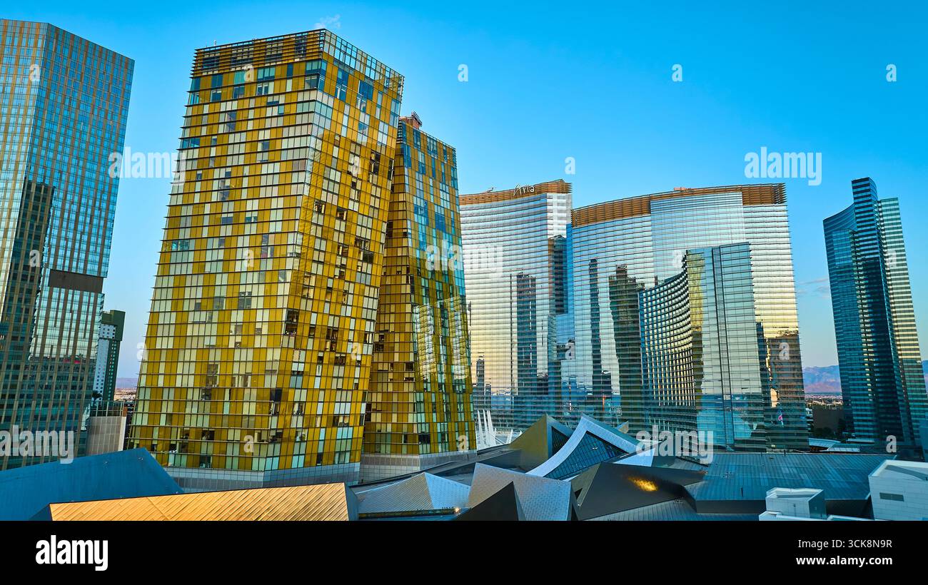 Aerial Modern Skyscrapers and Golden Towers Las Vegas Strip Nevada ...