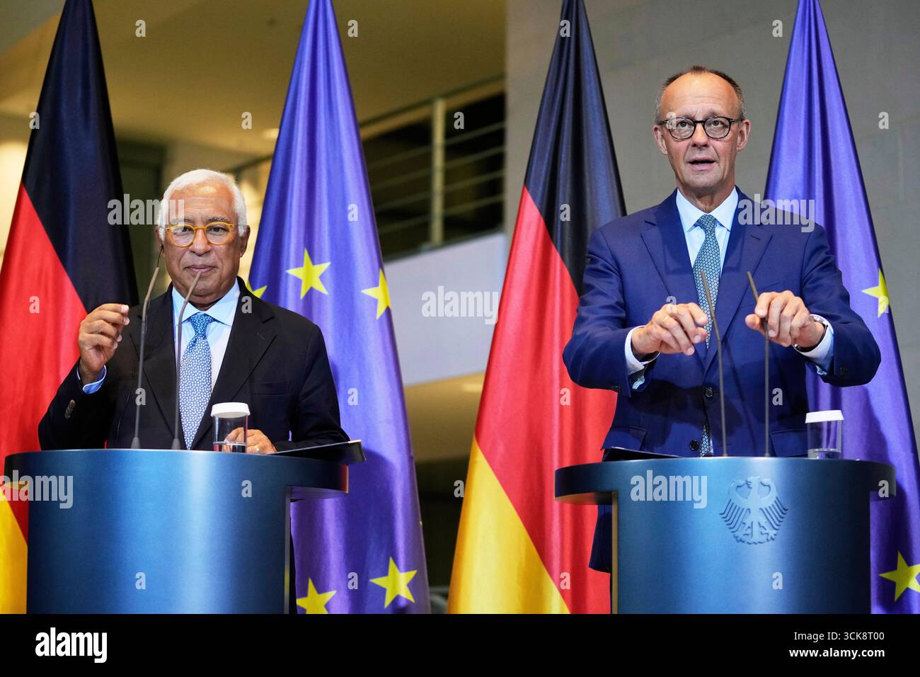 German Chancellor Friedrich Merz, right, and President of the European ...