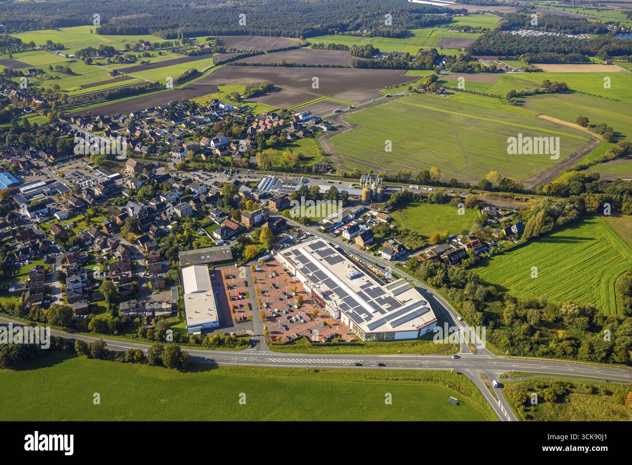 Aerial view, Hellweg DIY store with solar roof, car parks, Raiffeisen ...
