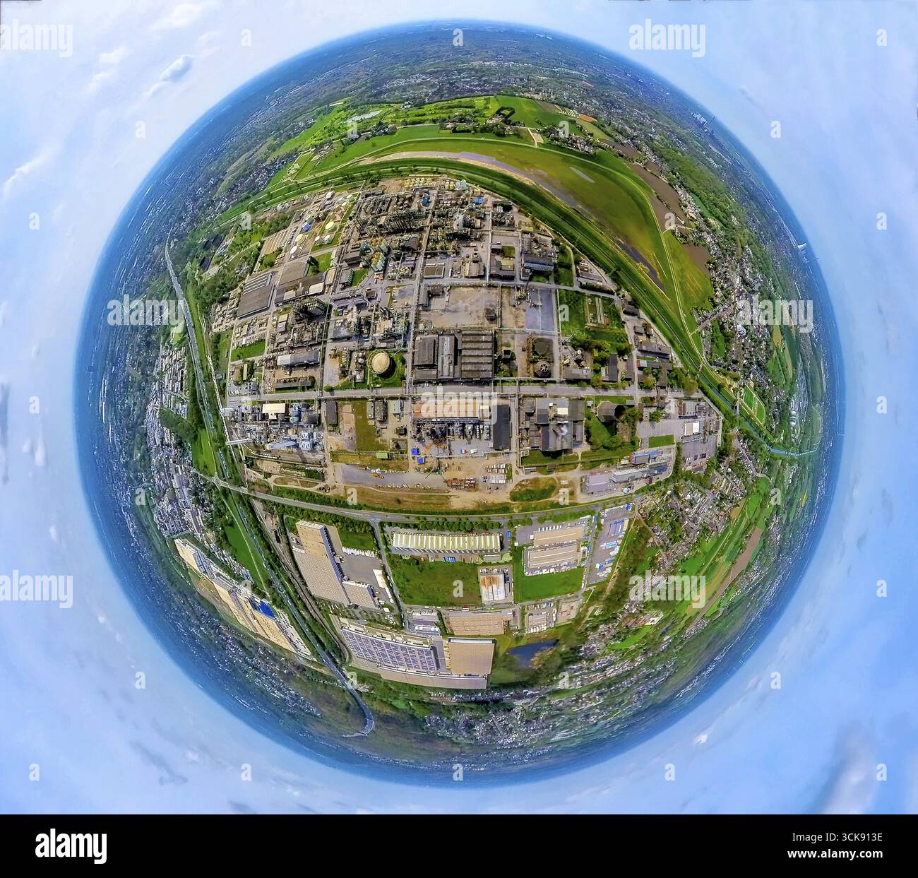 Aerial view, OQ Chemicals plant Ruhrchemie, behind it a flooded area ...