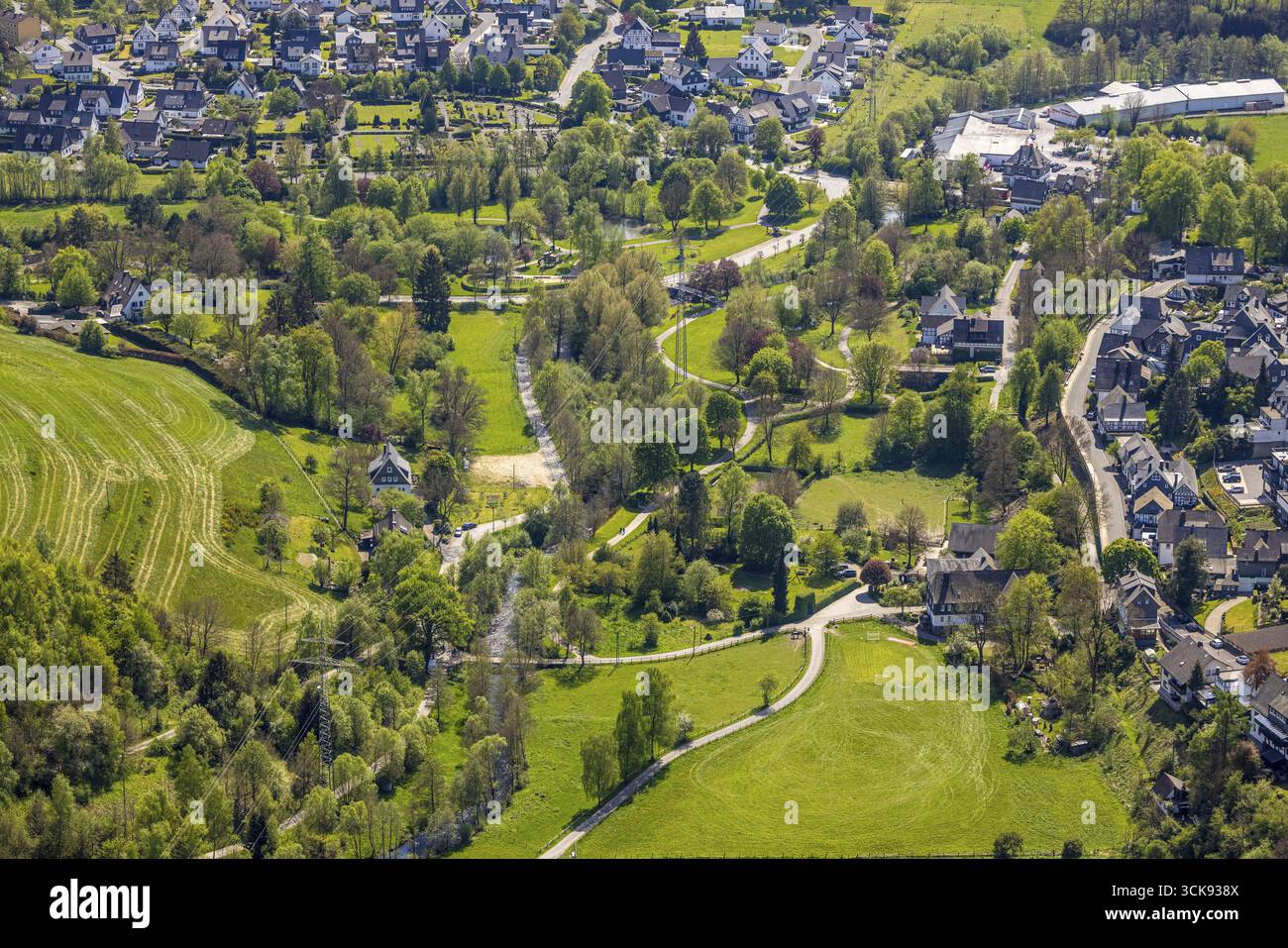 Aerial view, spa garden and Lennepark with river Lenne, Am Stenn ...