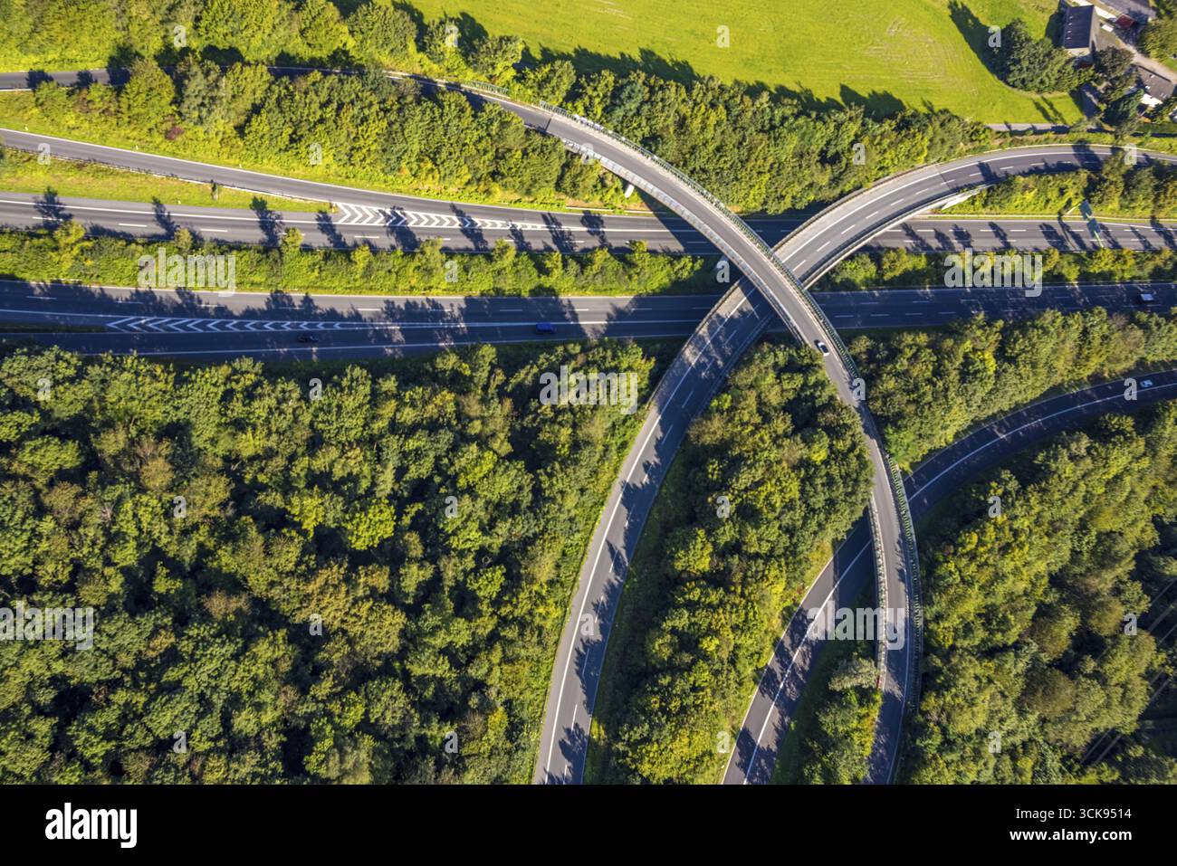 Aerial view, motorway A44 and curved slip roads and exits of motorway ...