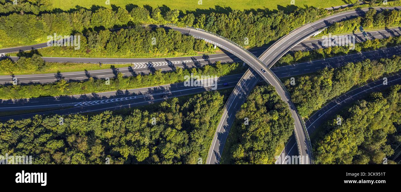 Aerial view, motorway A44 and curved slip roads and exits of motorway ...