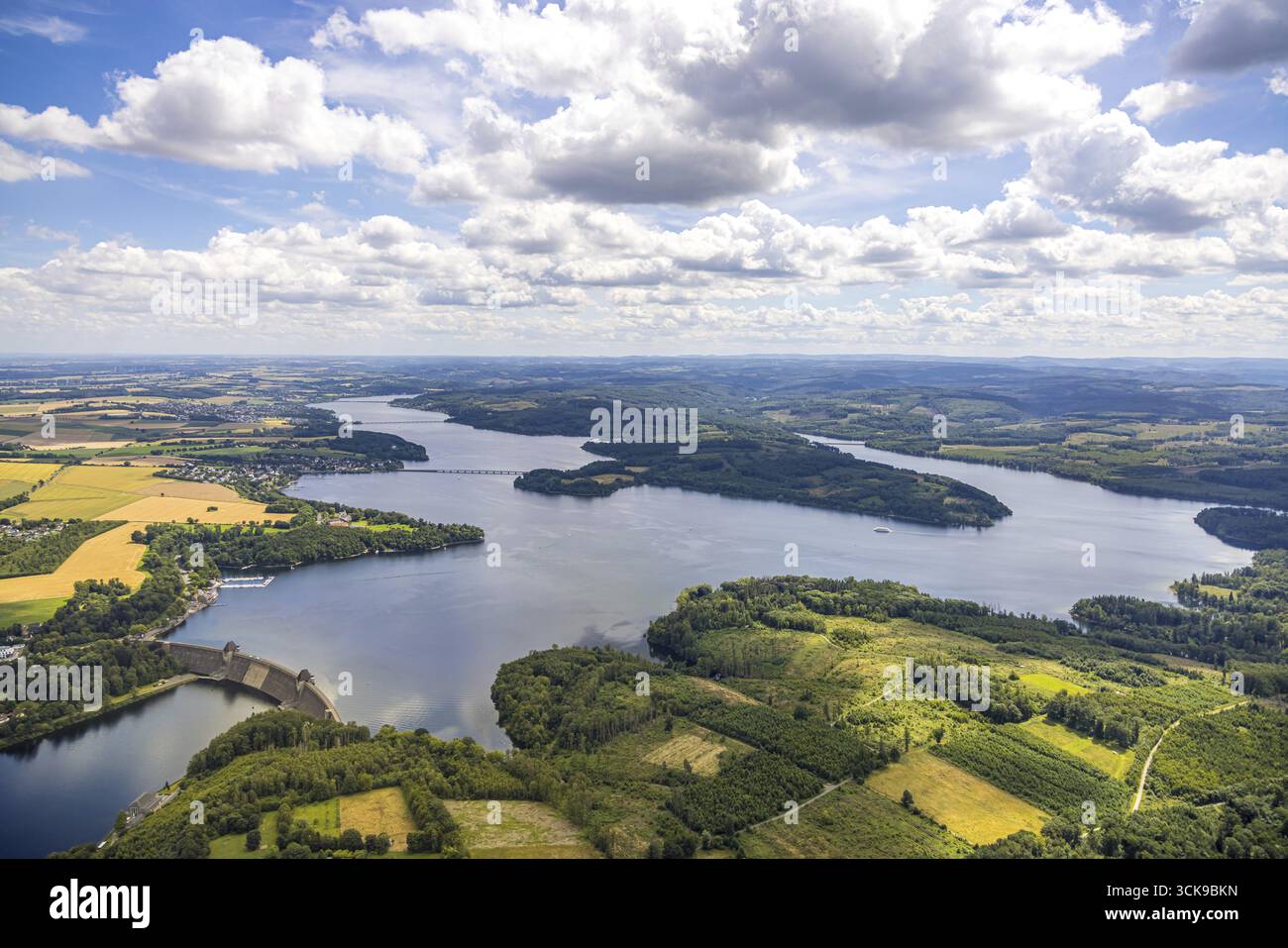 Aerial view, Moehnesee general view, Moehnetalsperre dam, distant view ...