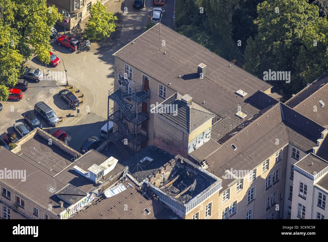 Aerial view, roof truss fire in the former St. Vincenz Hospital ...