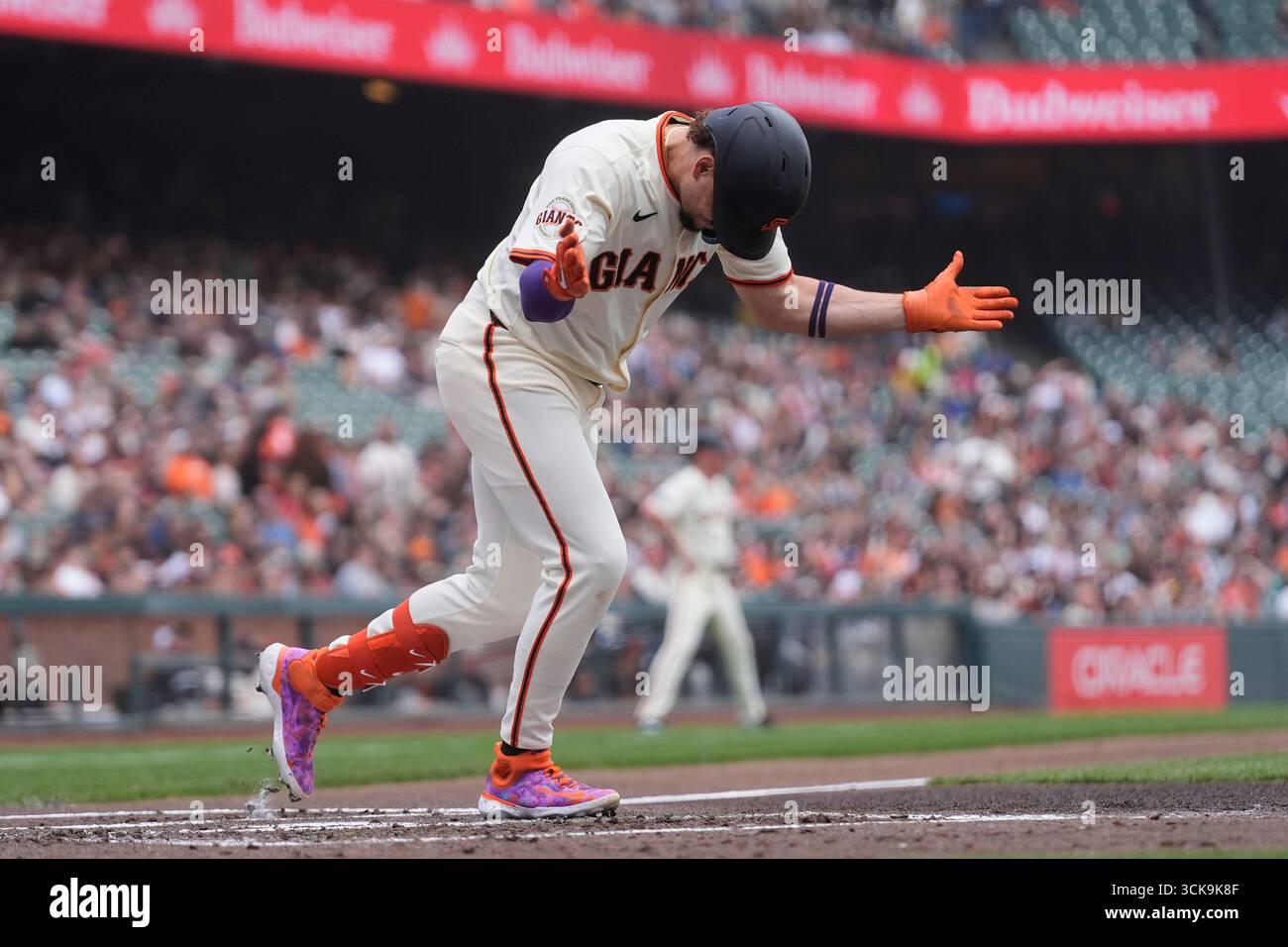 San Francisco Giants' Willy Adames reacts after flying out against the ...