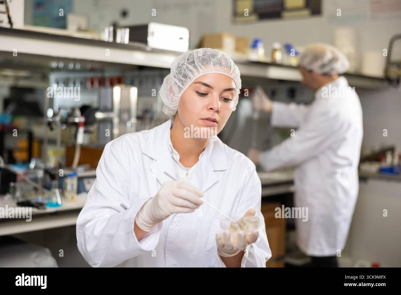 Professional female chemist in uniform examining solution in petri dish ...