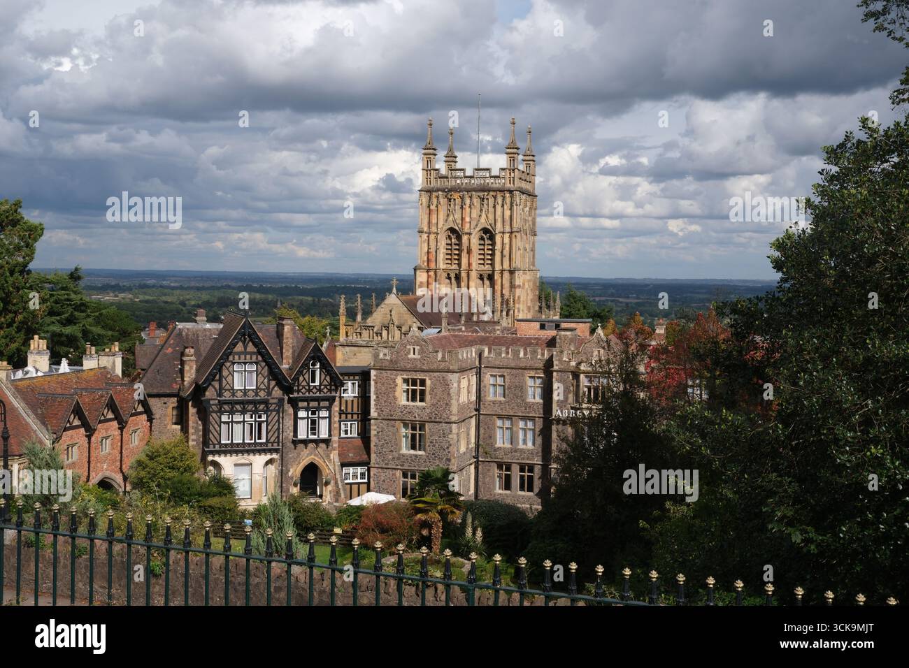 Great Malvern Priory and the Abbey Hotel from the Rose bank gardens ...