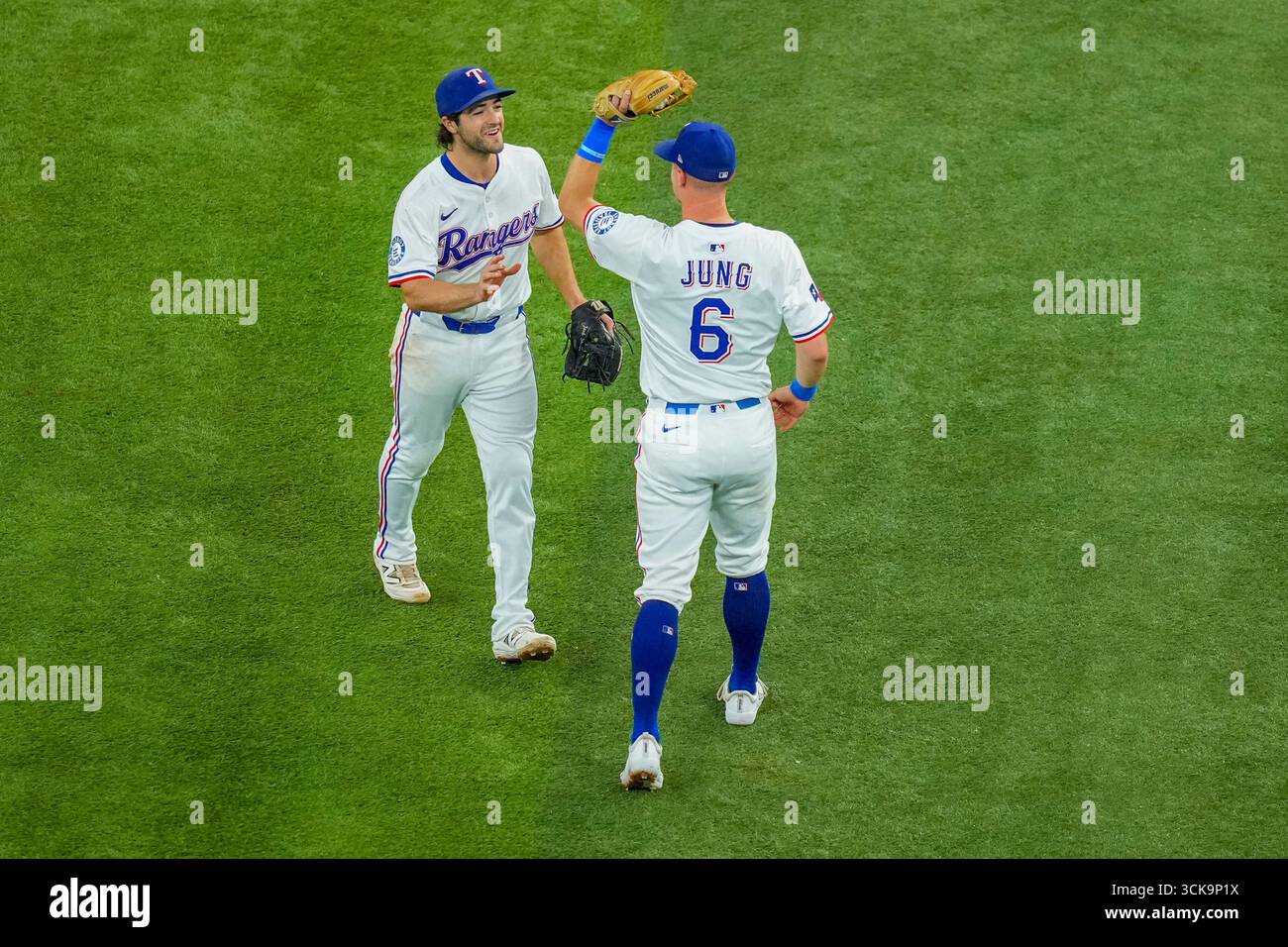 Texas Rangers third base Josh Jung (6) and shortstop Josh Smith react ...