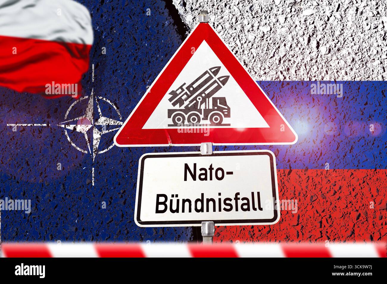 Germany - September 10, 2025: PHOTOMONTAGE, sign with rocket launcher ...