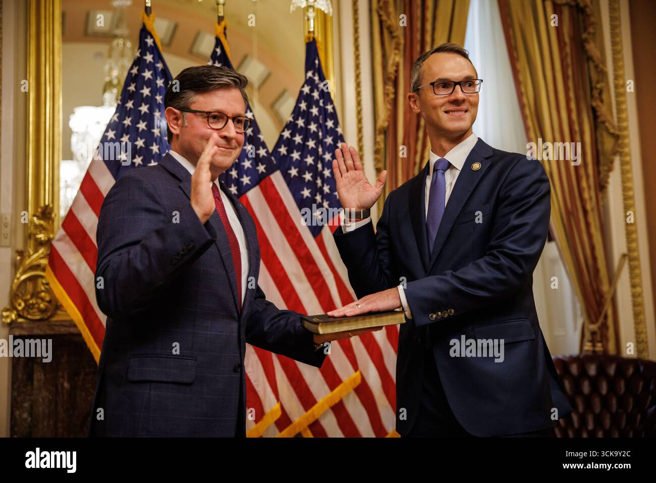 U.S. Speaker of the House Mike Johnson (R-LA) holds ceremonial swearing ...