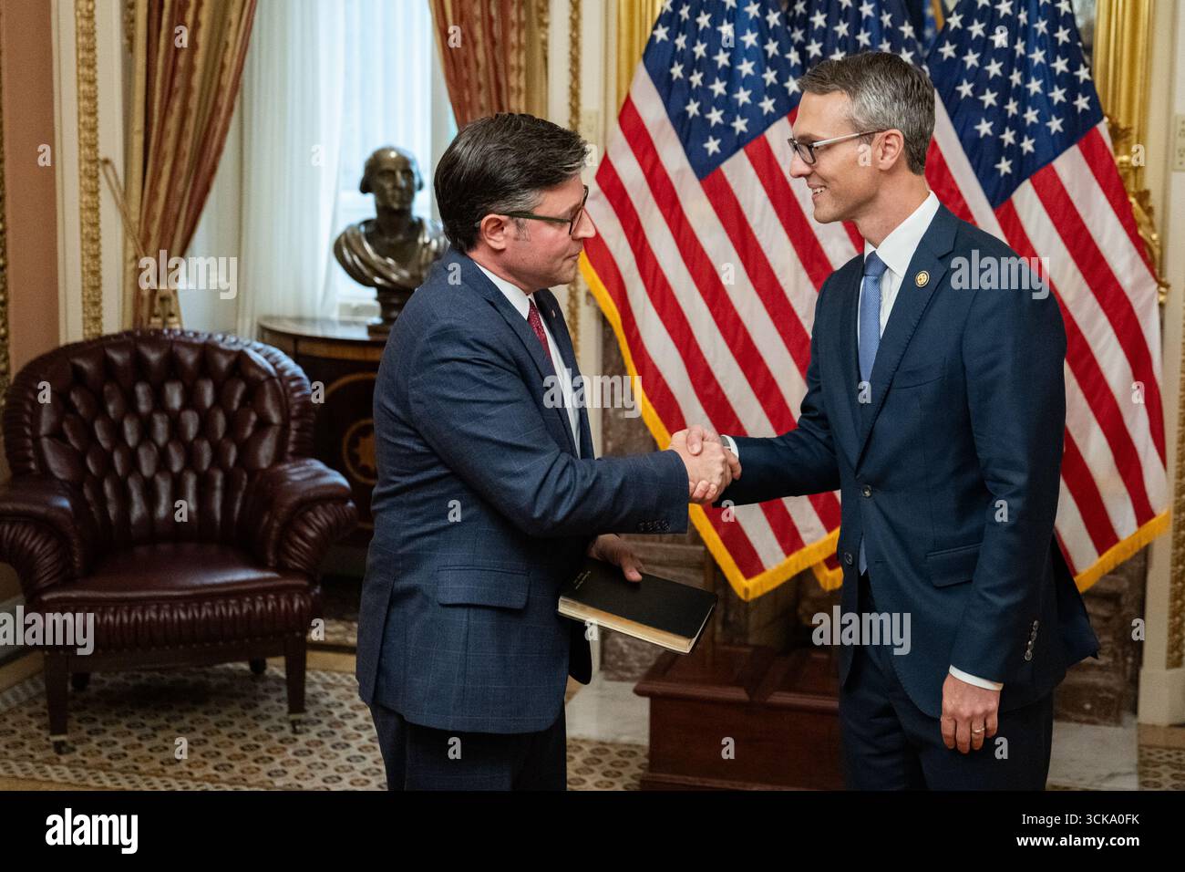 Speaker of the House Mike Johnson, R-LA, participates in a ceremonial ...