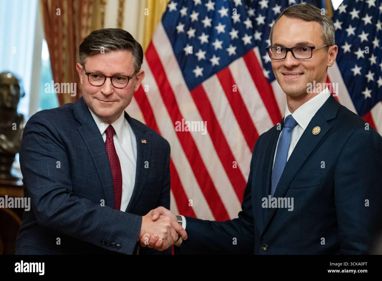 Speaker of the House Mike Johnson, R-LA, participates in a ceremonial ...