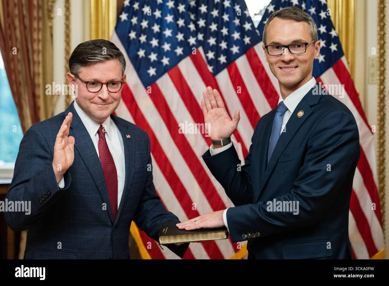 Speaker of the House Mike Johnson, R-LA, participates in a ceremonial ...