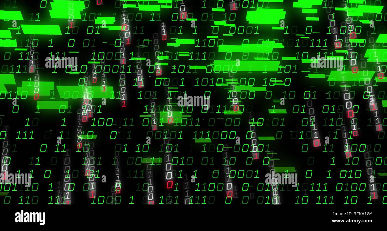 Cascading binary code forming matrix-like rain across virtual interface, with neon-green blocks ...