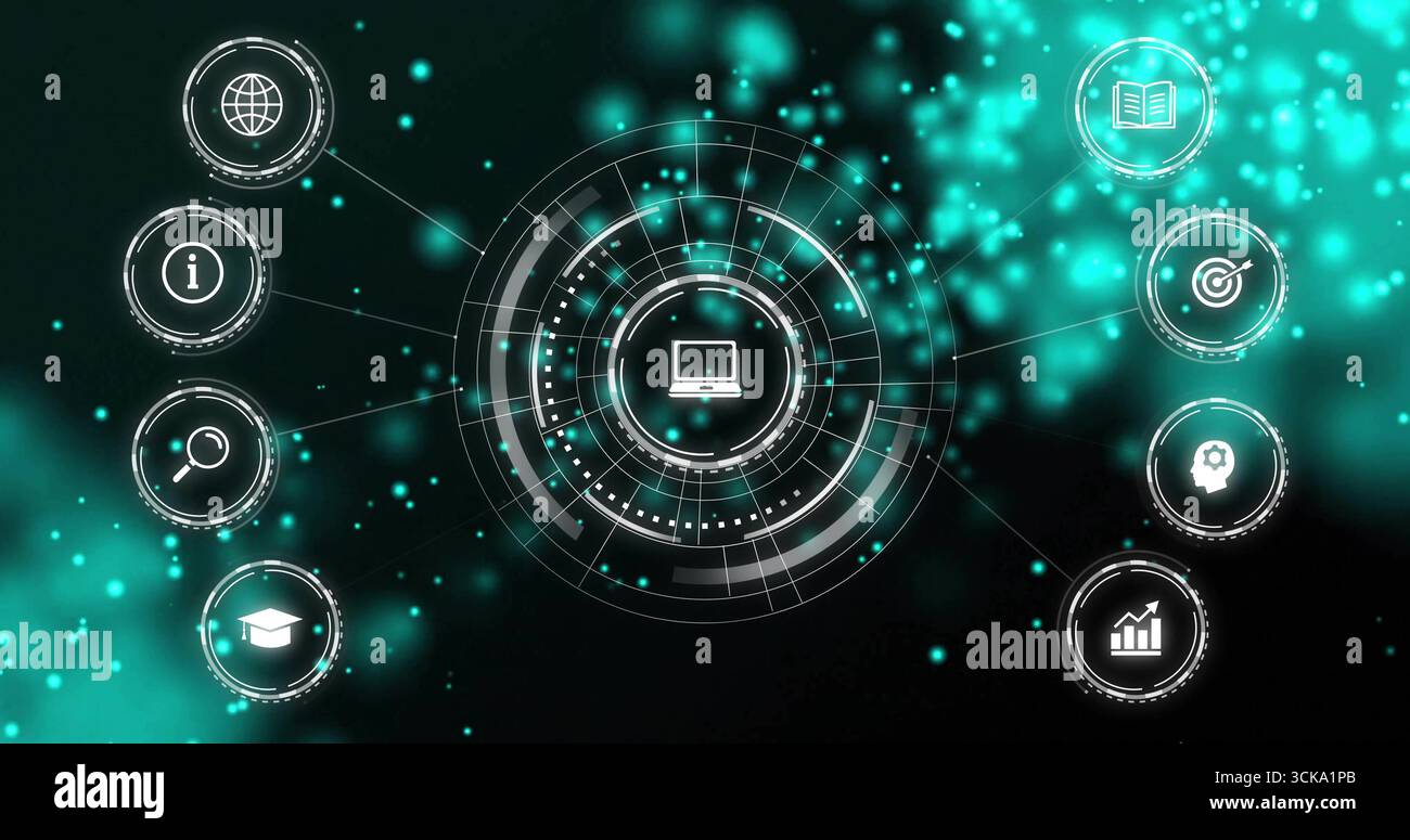 Displaying laptop icon rotating HUD rings in interface with teal ...