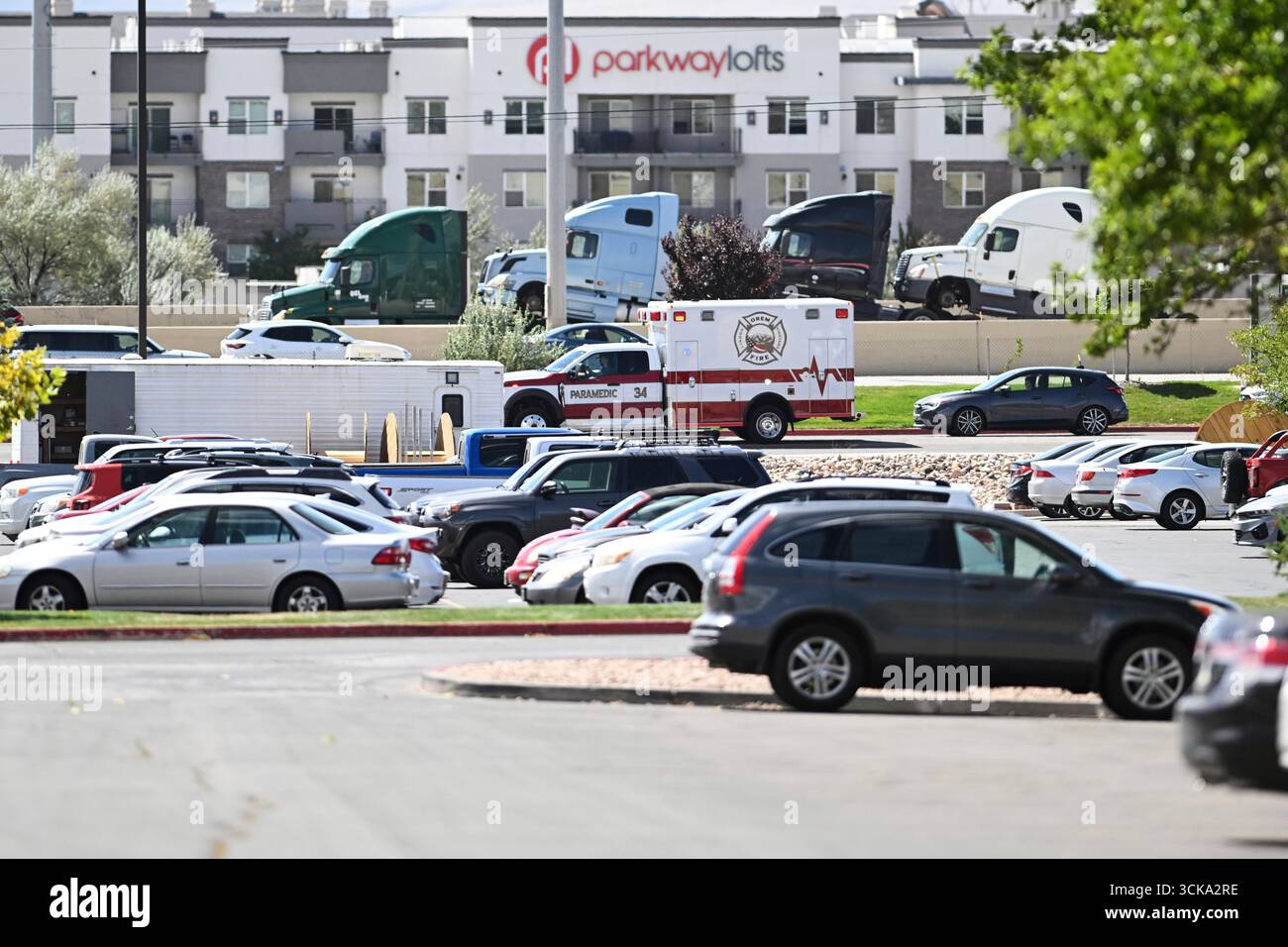 An ambulance drives away at Utah Valley University, Wednesday, Sept. 10 ...
