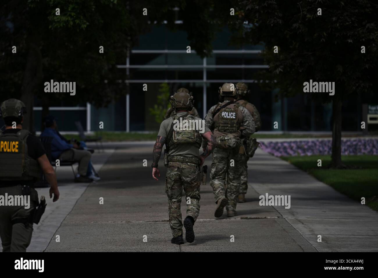 Police patrol the Utah Valley University campus Wednesday, Sept. 10 ...