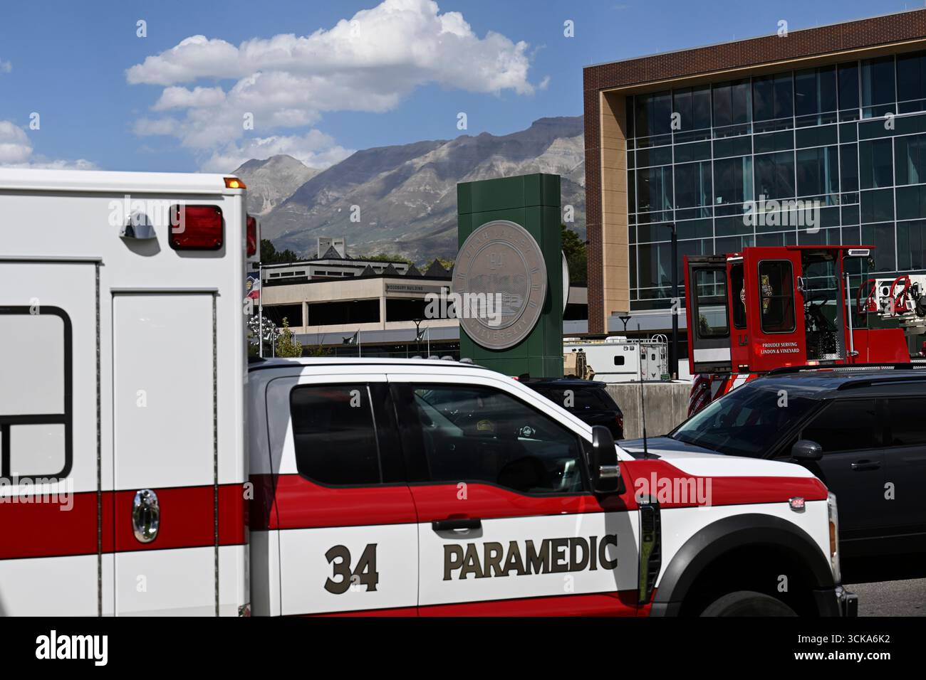 An ambulance is seen on the Utah Valley University campus Wednesday ...