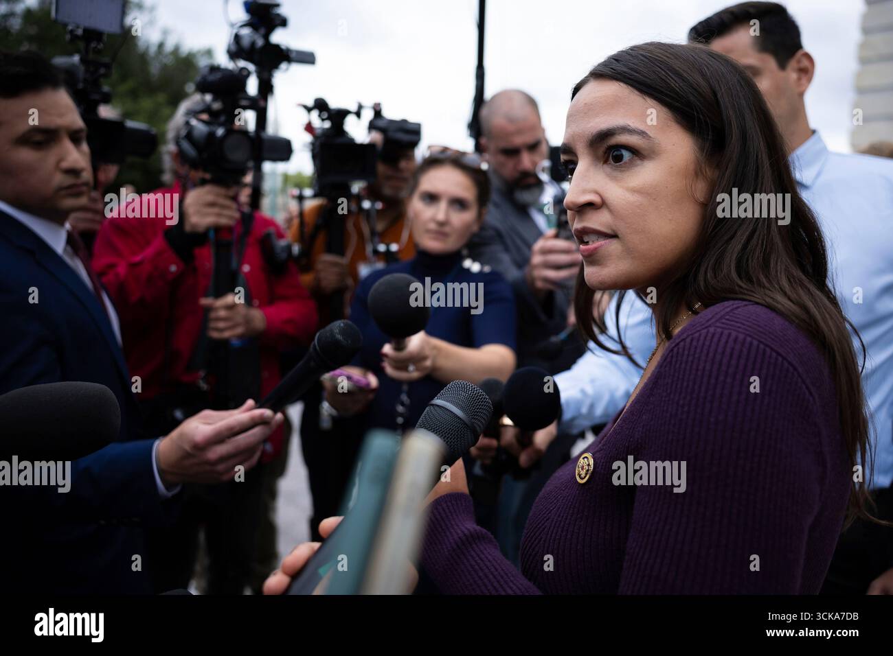 Rep. Alexandria Ocasio-Cortez (D-N.Y.) speaks with reporters outside ...
