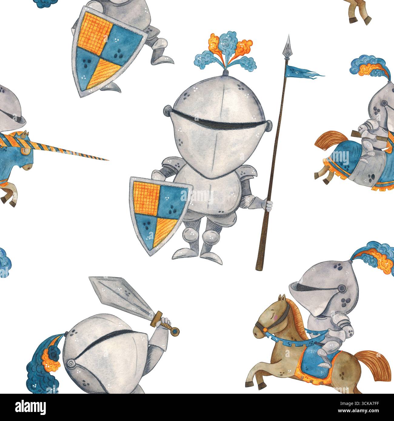 Seamless pattern medieval knights, cartoon. Watercolor hand drawn ...