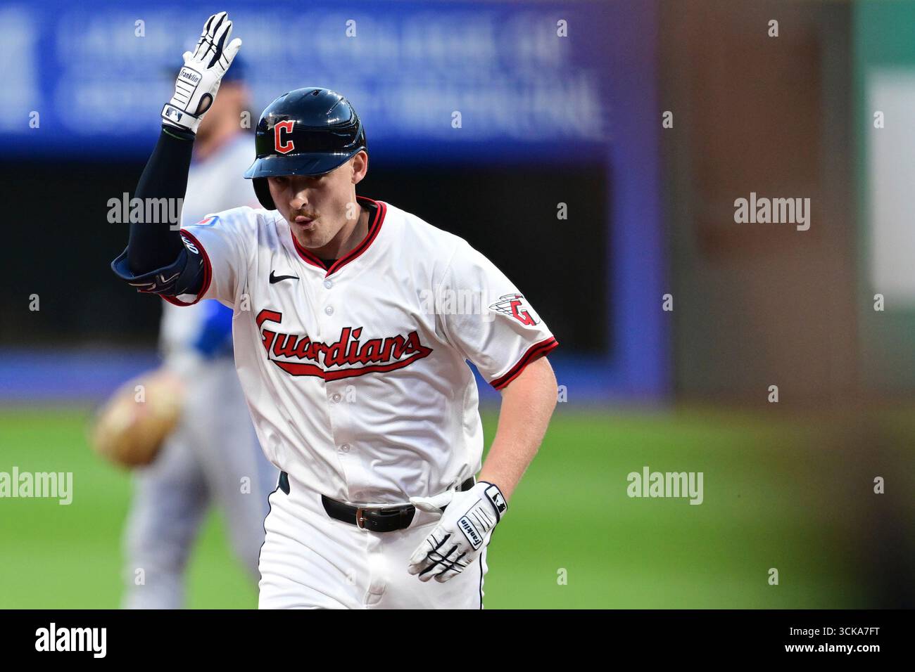 Cleveland Guardians' Kyle Manzardo runs the bases after hitting a two ...