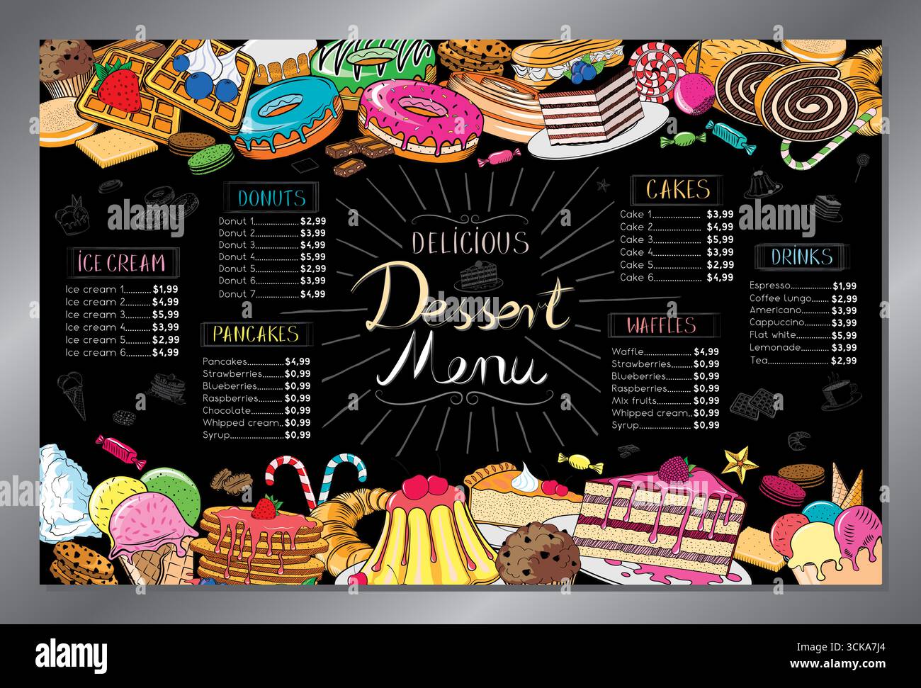 Dessert menu card with colorful hand-drawn food - tabloid format ...