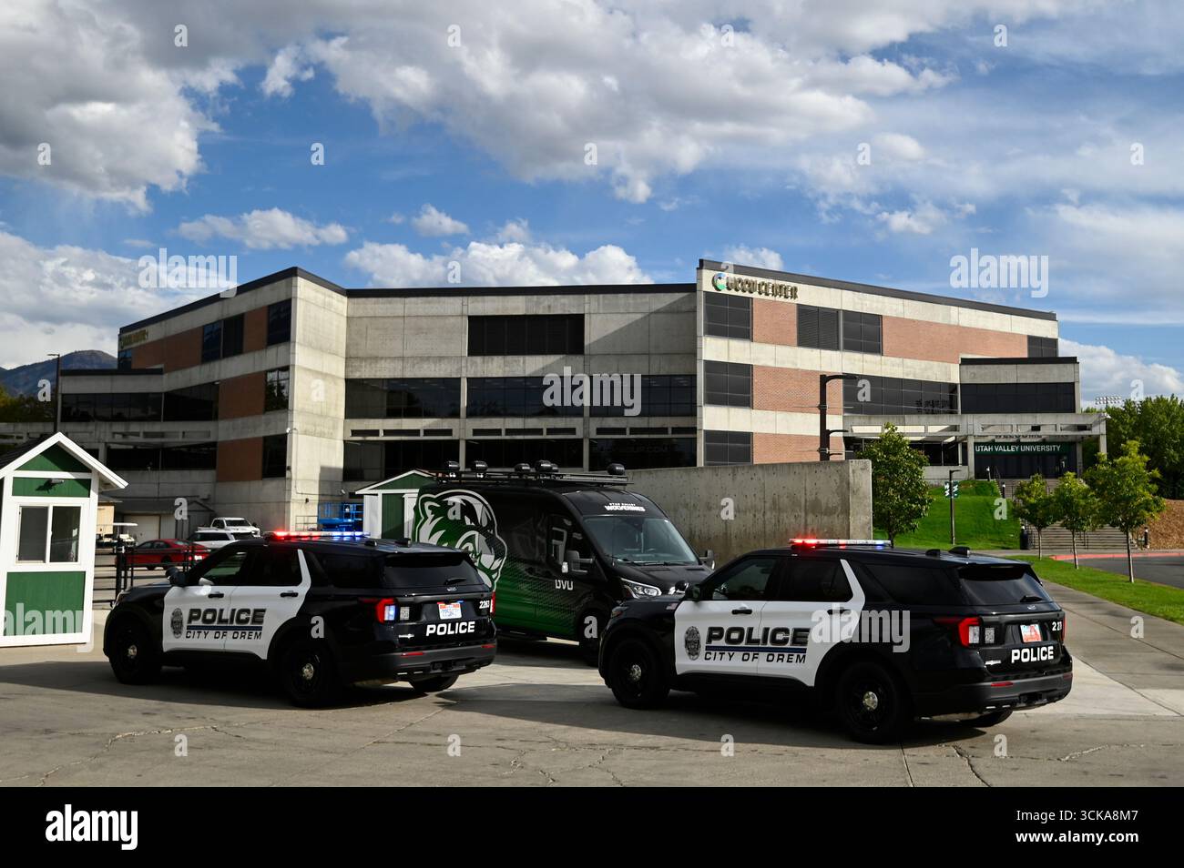 Law enforcement vehicles surround buildings at Utah Valley University ...