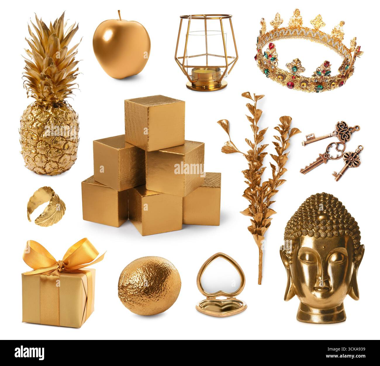 Various golden objects isolated on white, set Stock Photo - Alamy