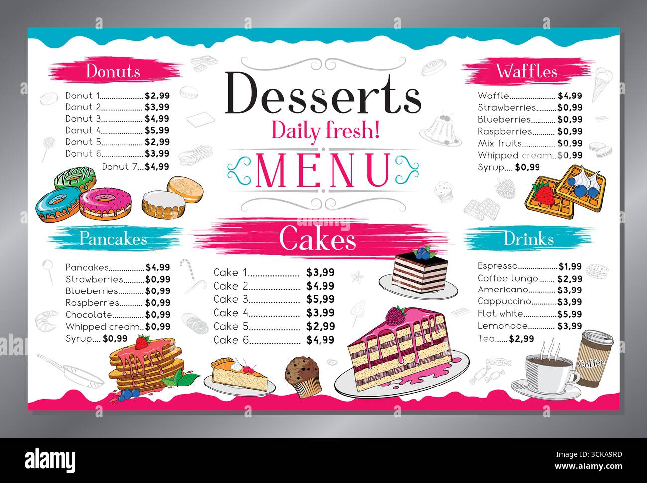 Pink and blue dessert menu card - tabloid format - vector illustration ...