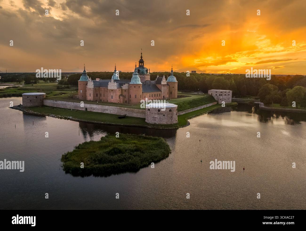 Aerial view of Renaissance Kalmar castle in Sweden with round gun ...