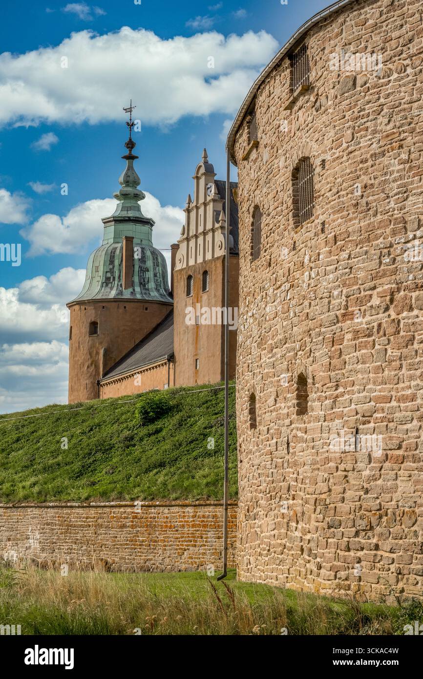 Close up view of bastion, round circular tower and renaissance palace ...