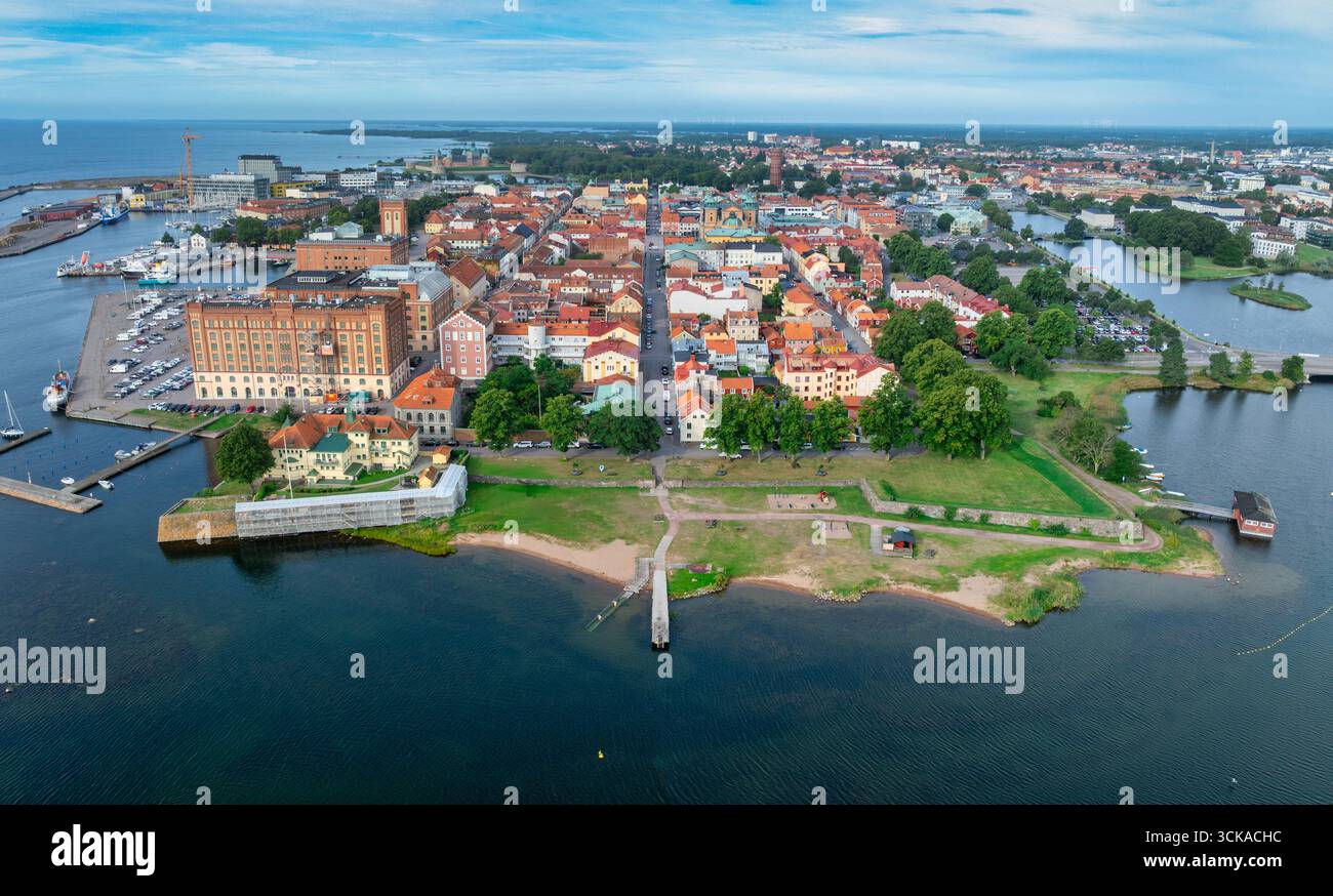 Aerial view of Kalmar old town, surrounded by fortifications, bastions ...