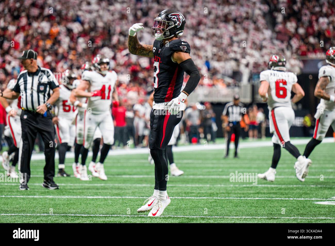 Atlanta Falcons safety Jessie Bates III (3) celebrates during the first ...