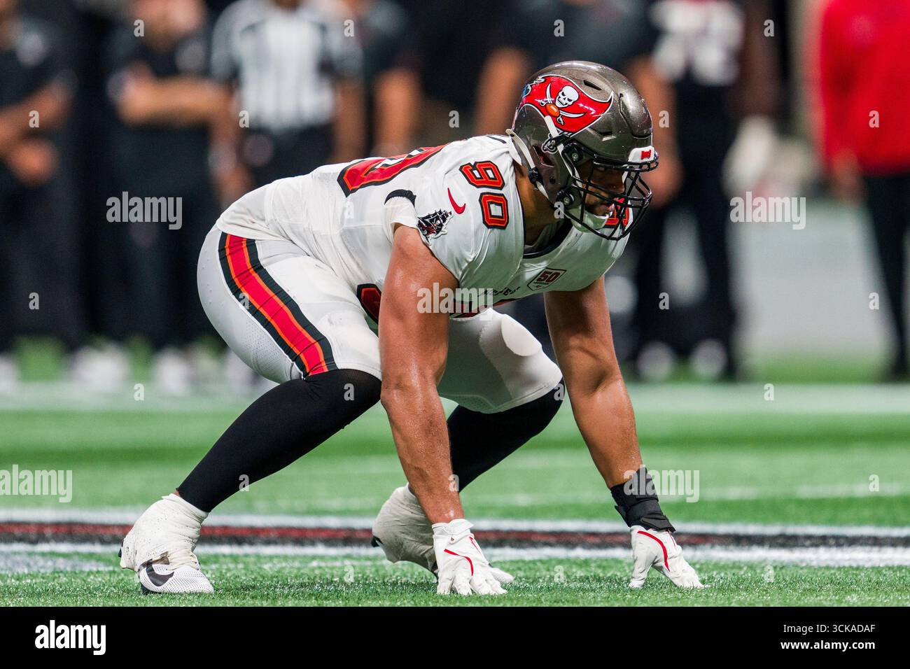 Tampa Bay Buccaneers defensive end Logan Hall (90) lines up during the first half of an NFL ...