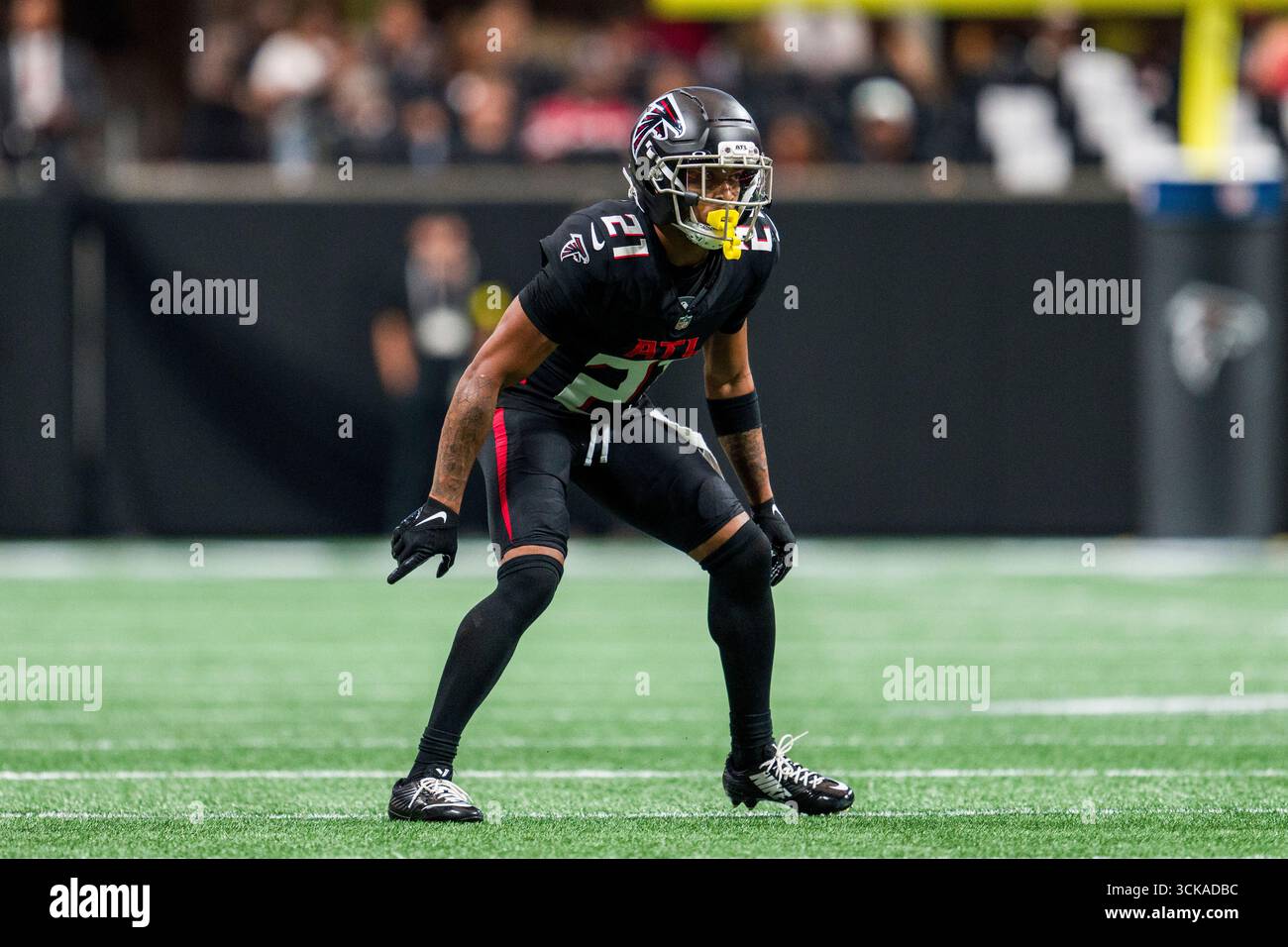 Atlanta Falcons cornerback Mike Hughes (21) works during the first half ...