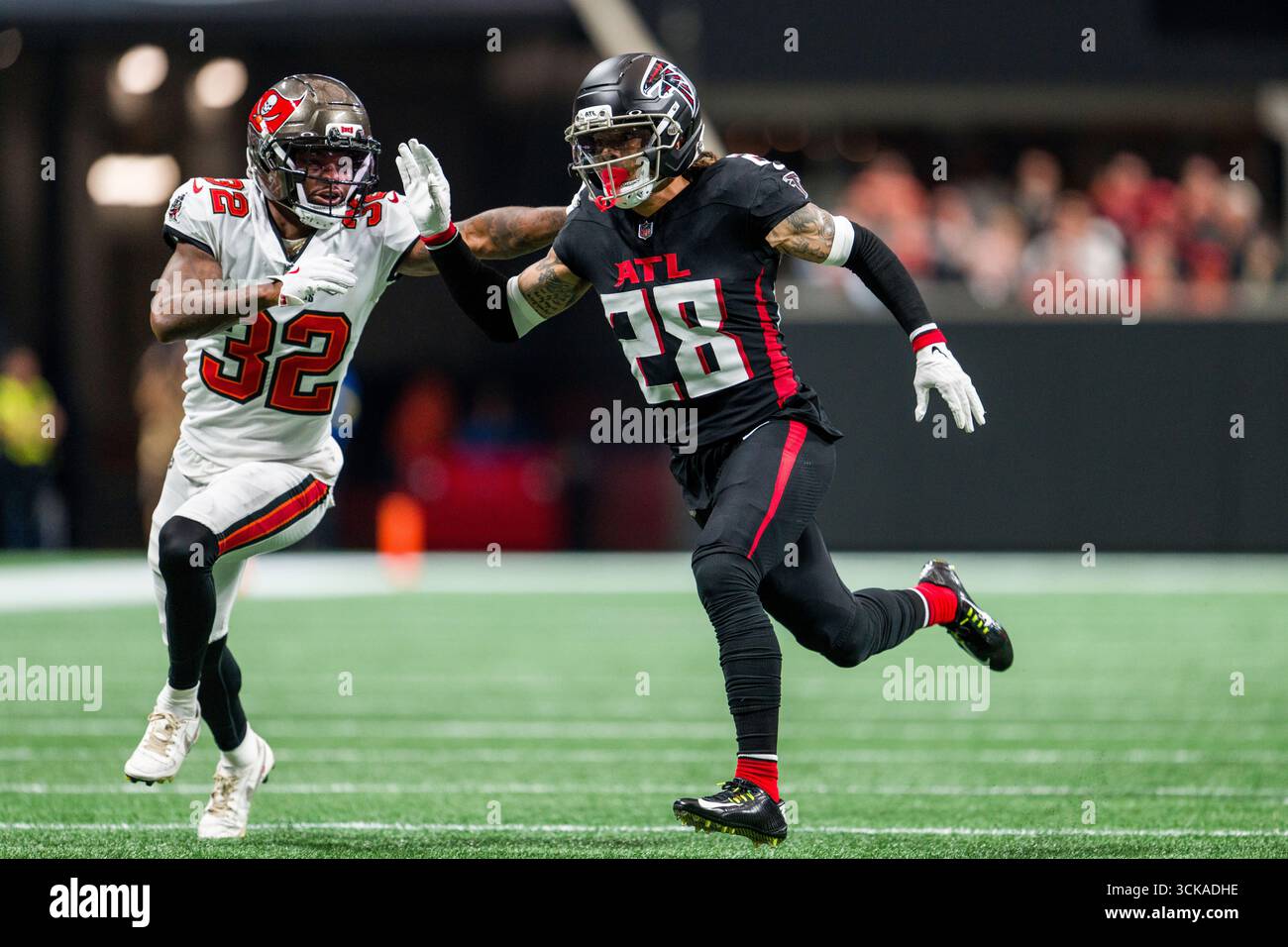 Atlanta Falcons cornerback Mike Ford Jr. (28) works against Tampa Bay ...