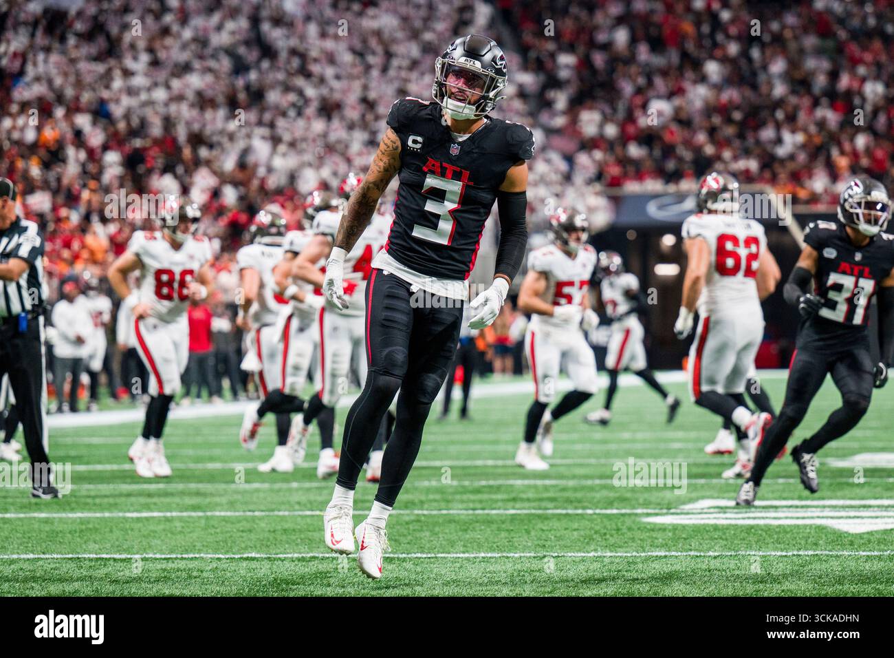 Atlanta Falcons safety Jessie Bates III (3) celebrates during the first ...