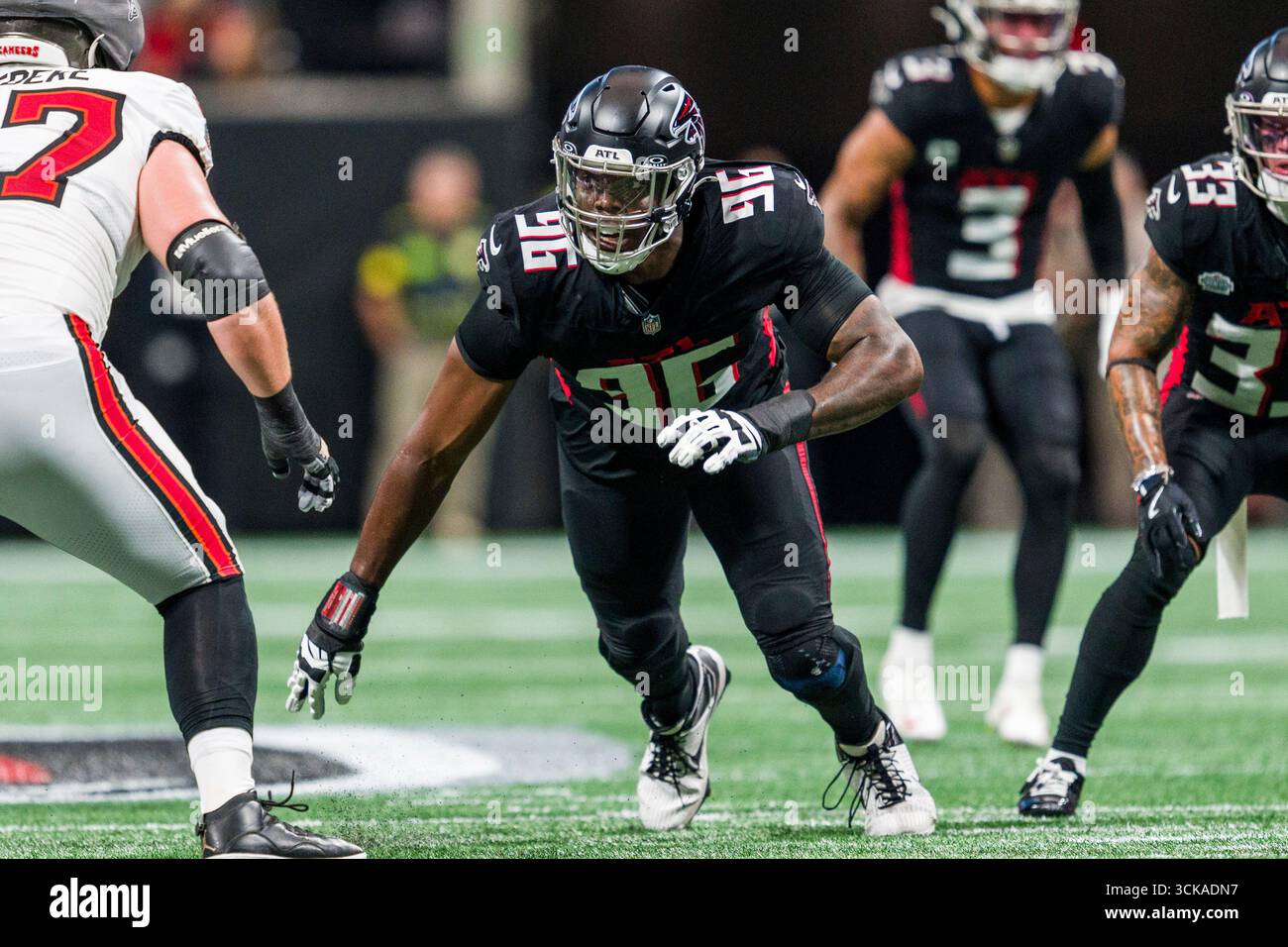 Atlanta Falcons defensive end Zach Harrison (96) works during the first ...