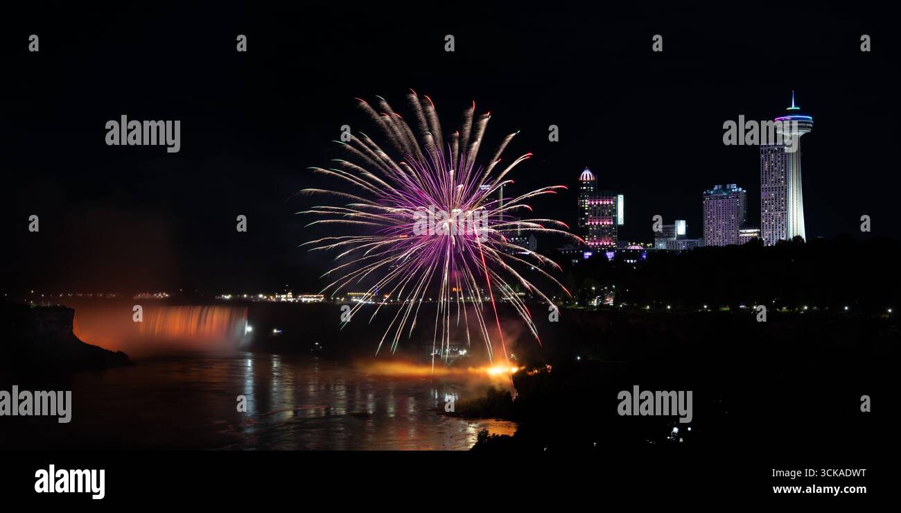 Niagara Falls fireworks over Horseshoe Falls - blurry waterfall at ...