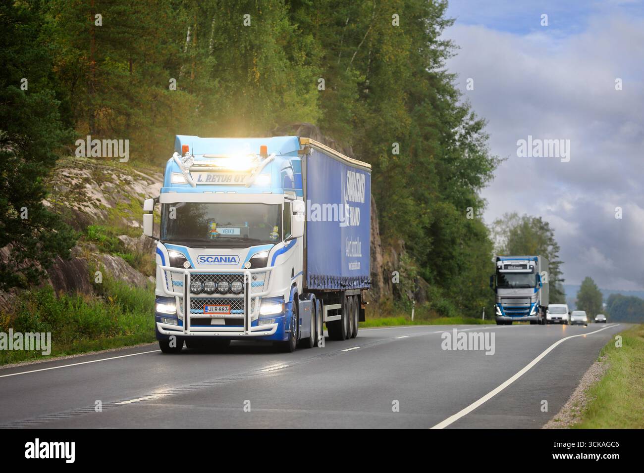 High beams of beautifully customised Scania truck semi-trailer of ...