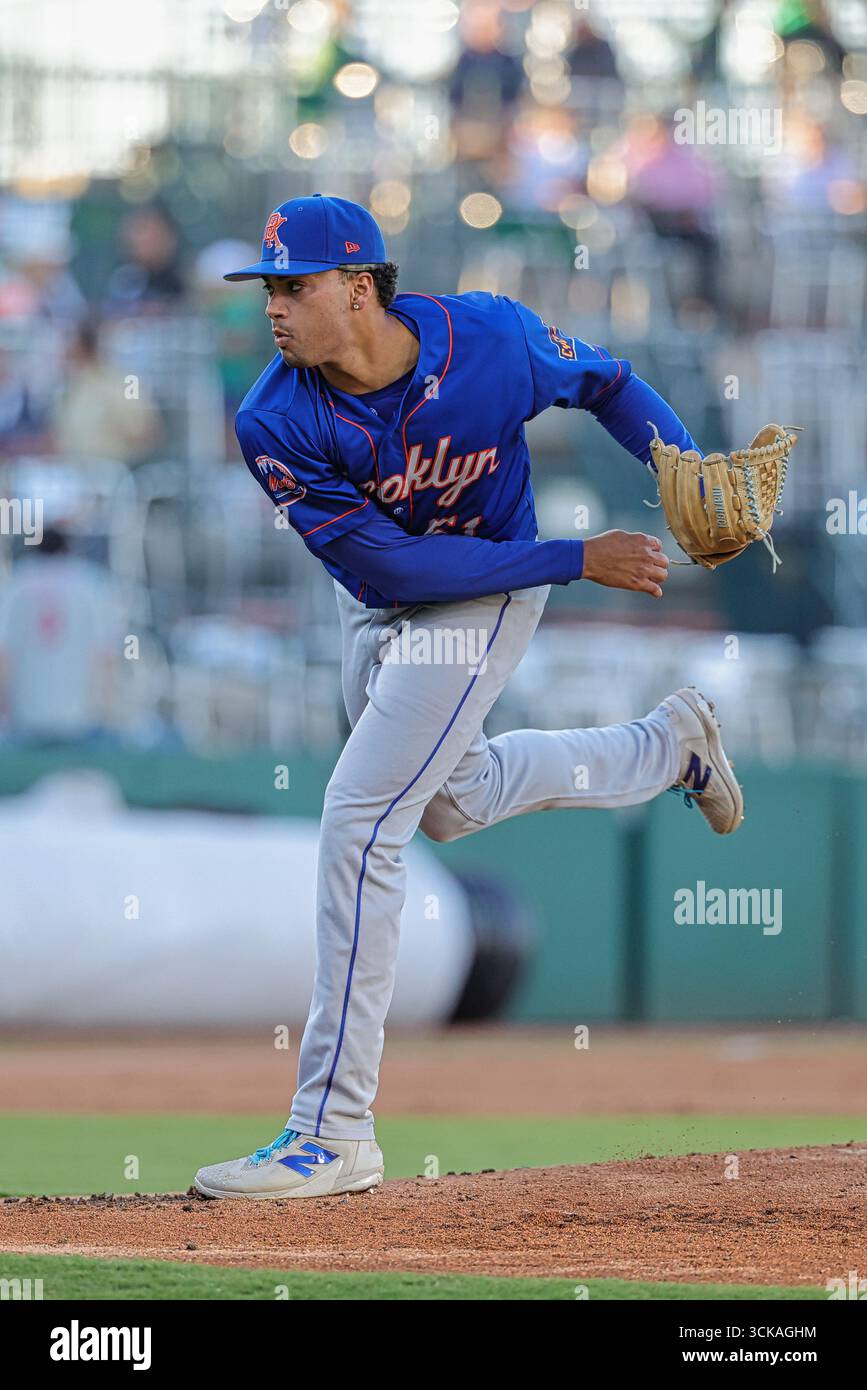 Greensboro, NC: Brooklyn Cyclones pitcher Channing Austin (51) warms up ...