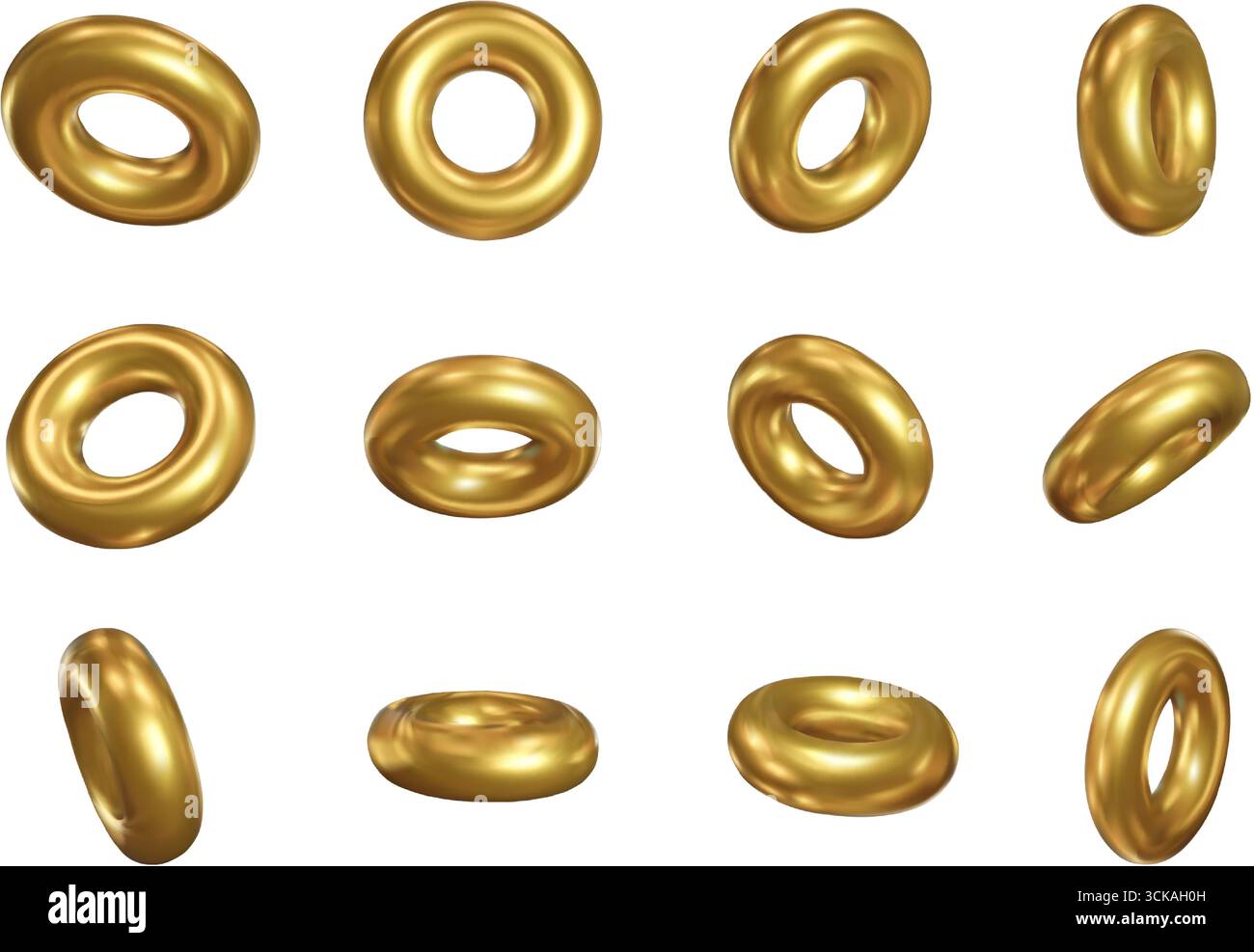 Golden rings. Gold torus 3D shape, shiny donut and luxury circular ...