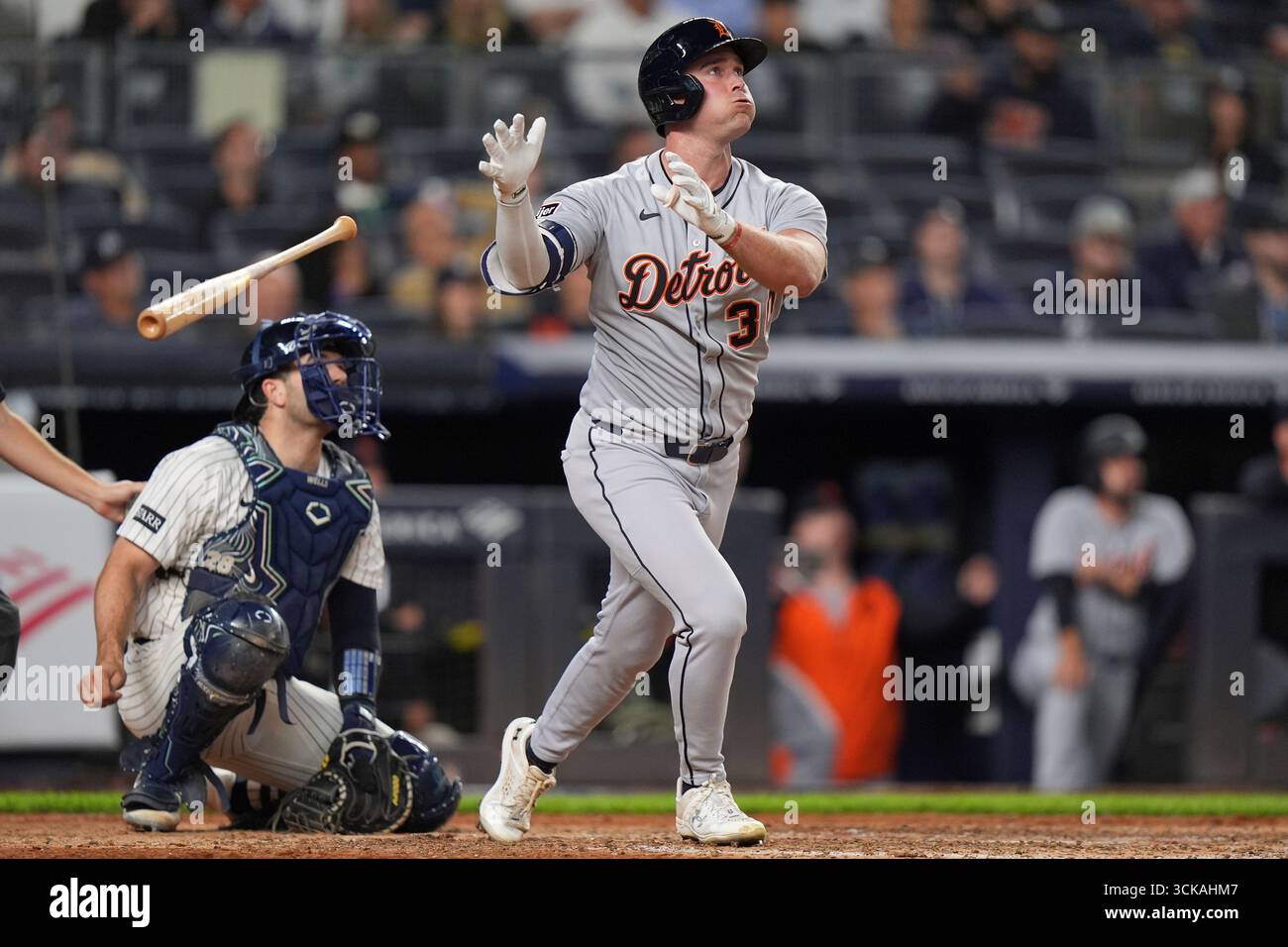 Detroit Tigers' Kerry Carpenter tosses his bat after hitting a two-run ...