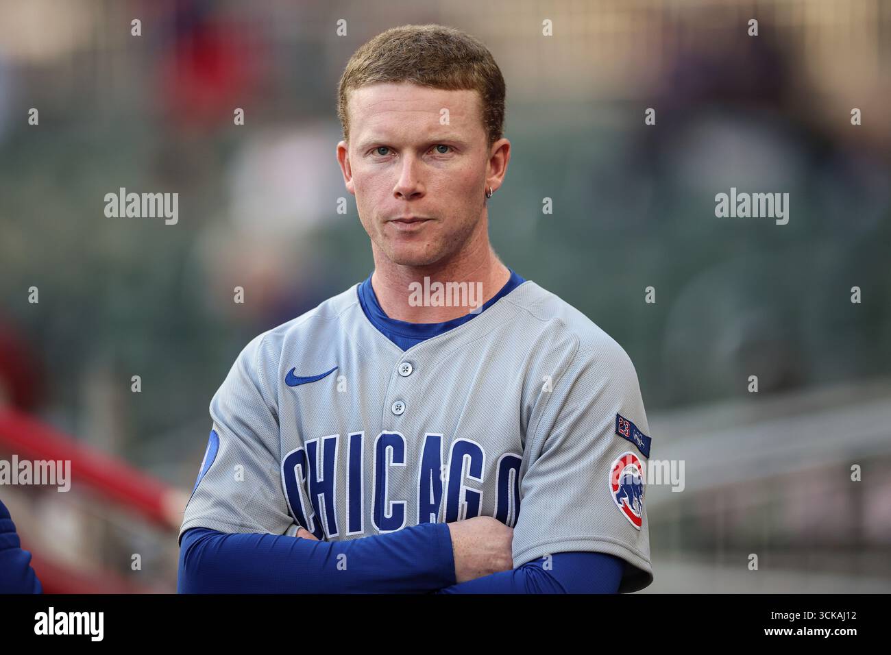 Chicago Cubs' Pete Crow-Armstrong looks on from the dugout before a ...