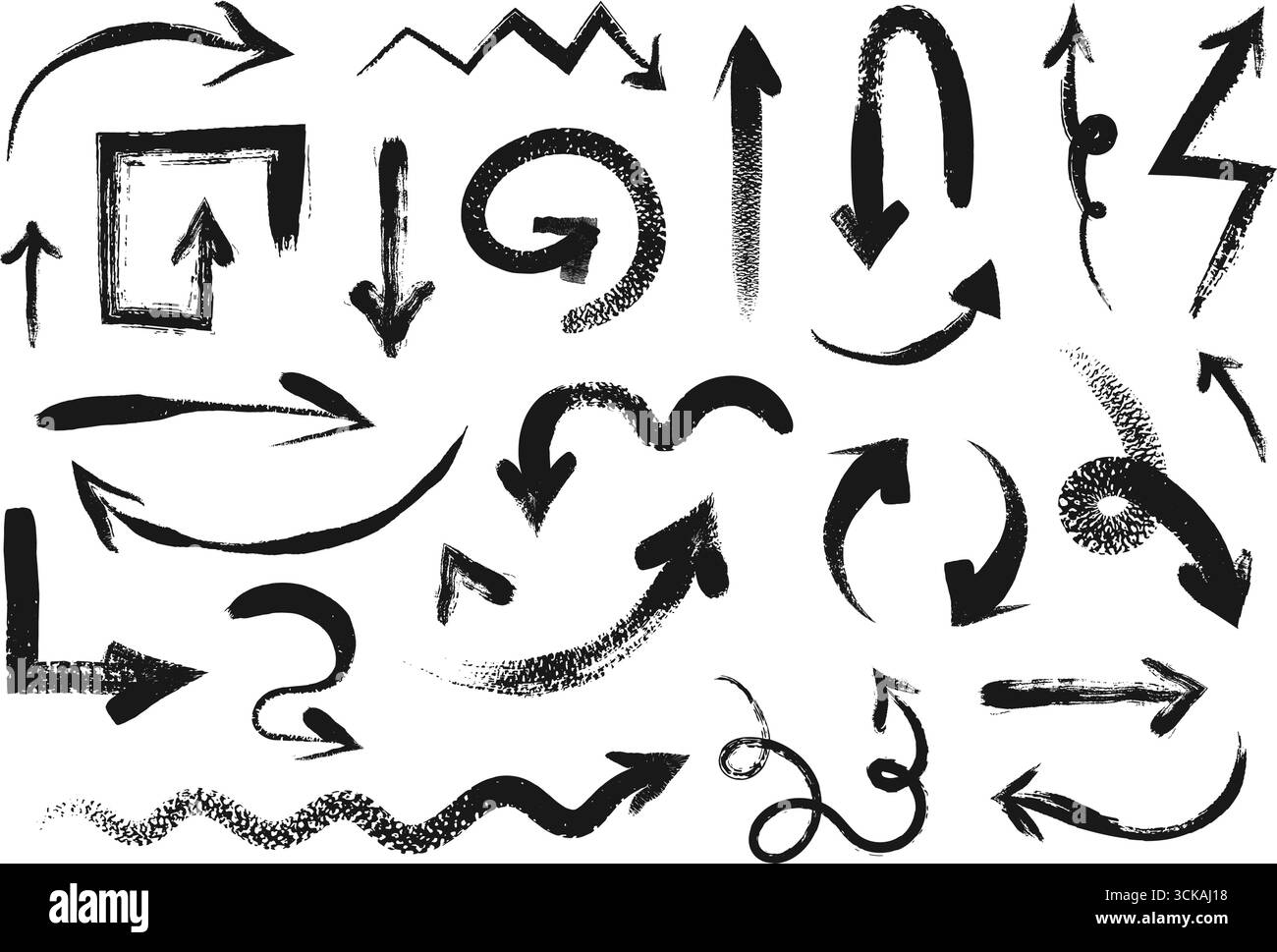 Brush stroke arrows. Hand drawn ink arrow shapes with grunge texture ...