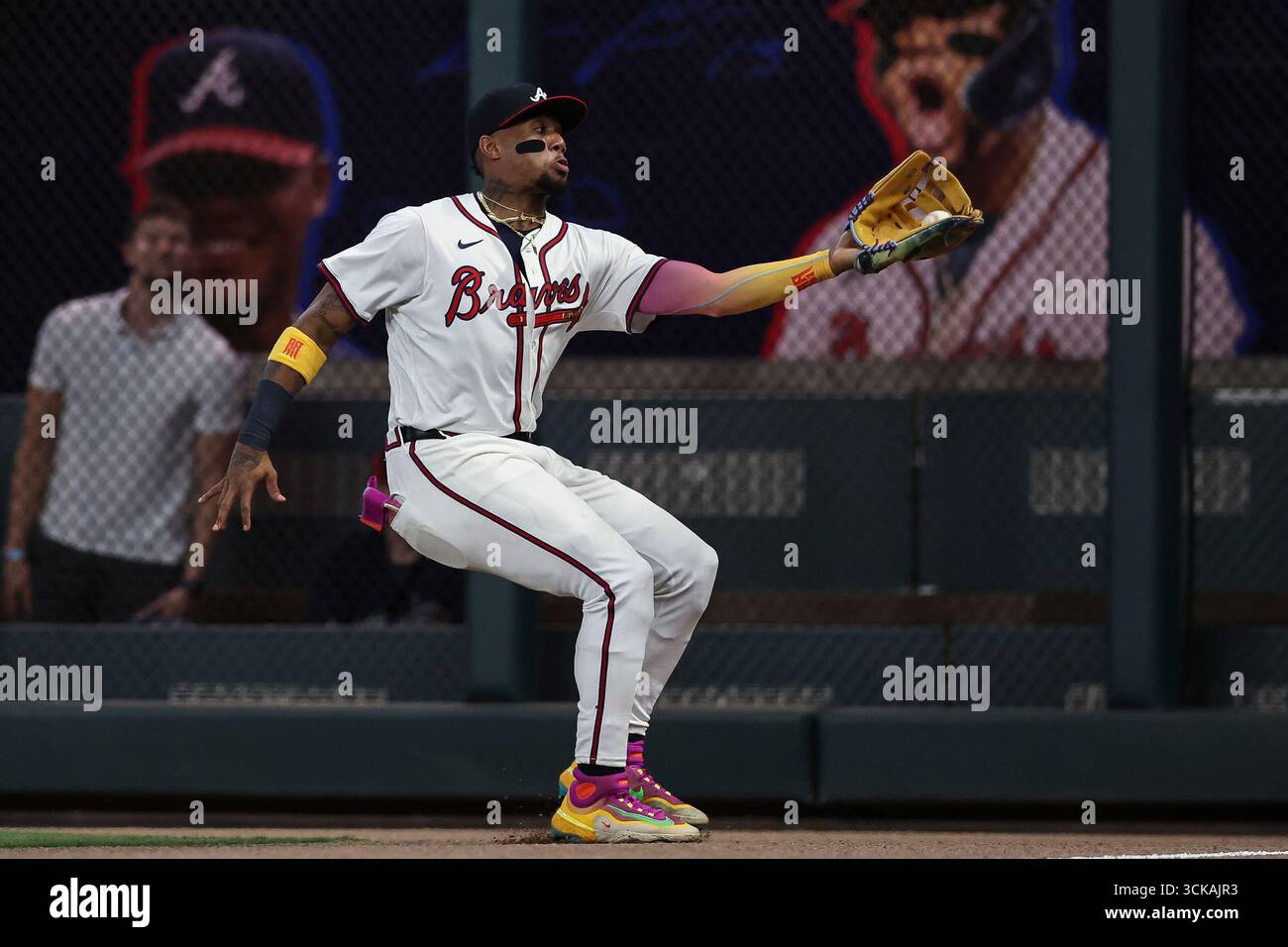 Atlanta Braves outfielder Ronald Acuña Jr. catches a fly ball in the ...
