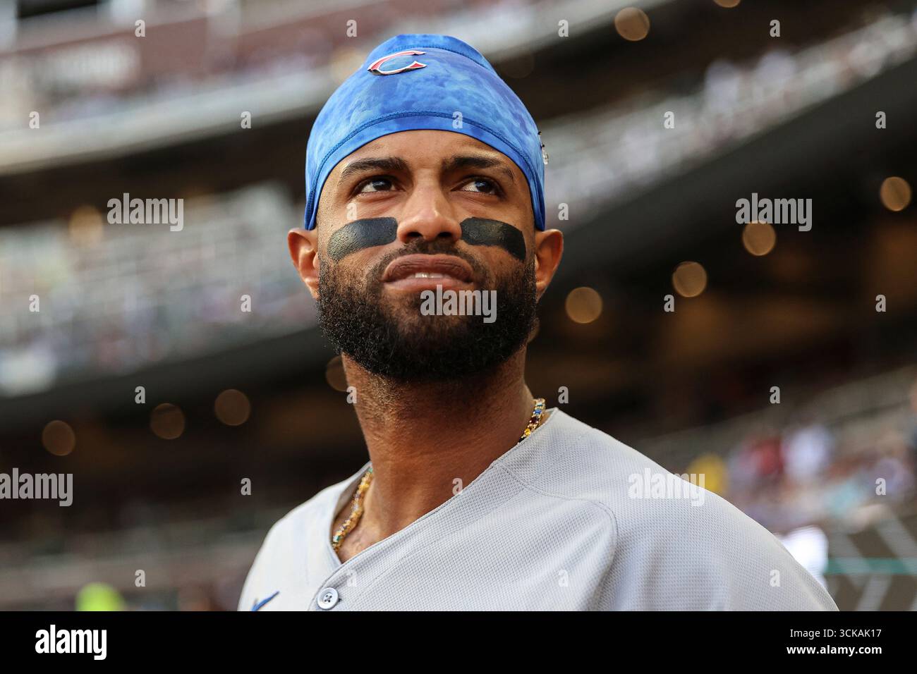 Chicago Cubs' Willi Castro looks on from the dugout before a baseball ...