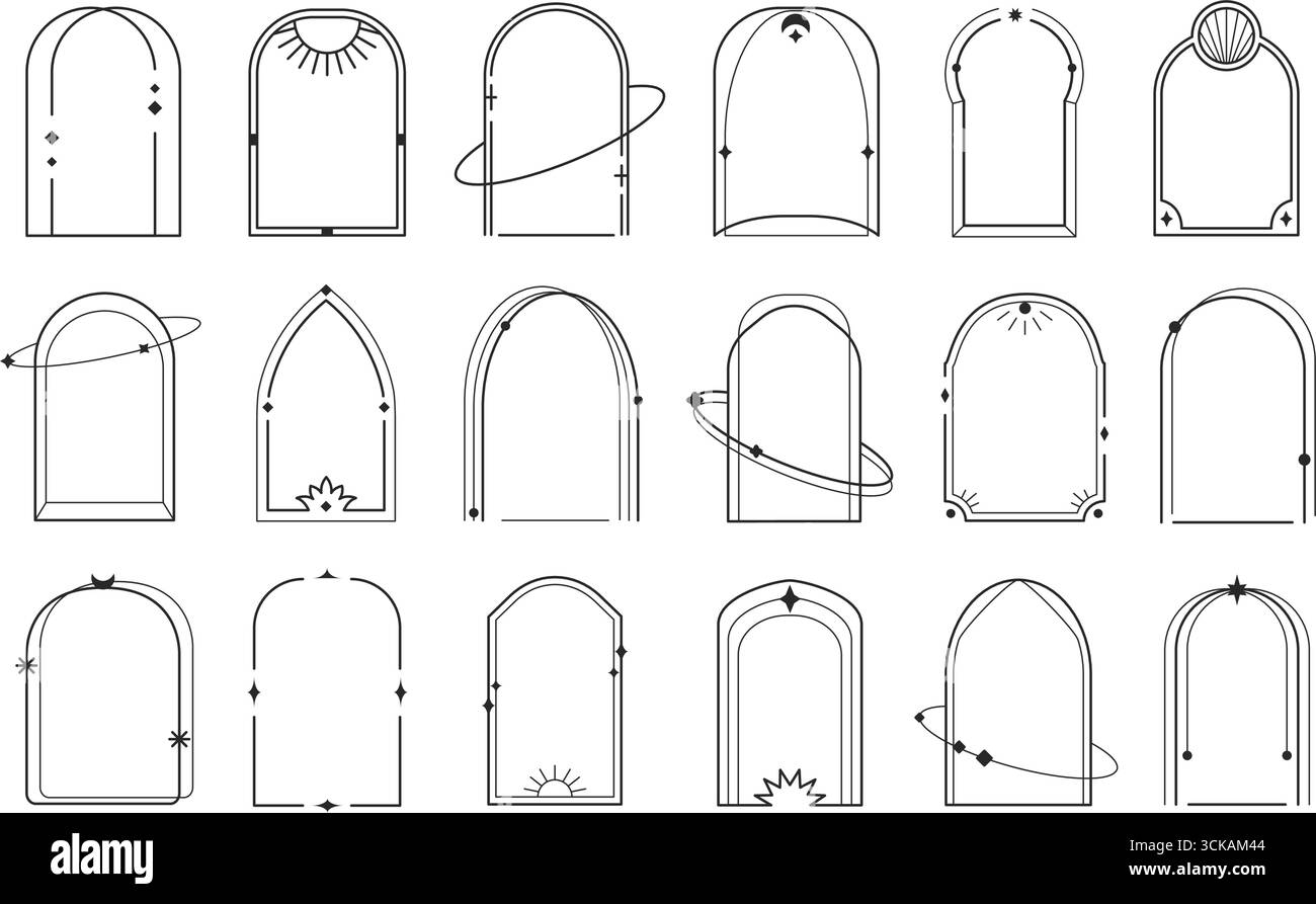 Linear boho arch frames. Bohemian arched borders shapes with stars ...